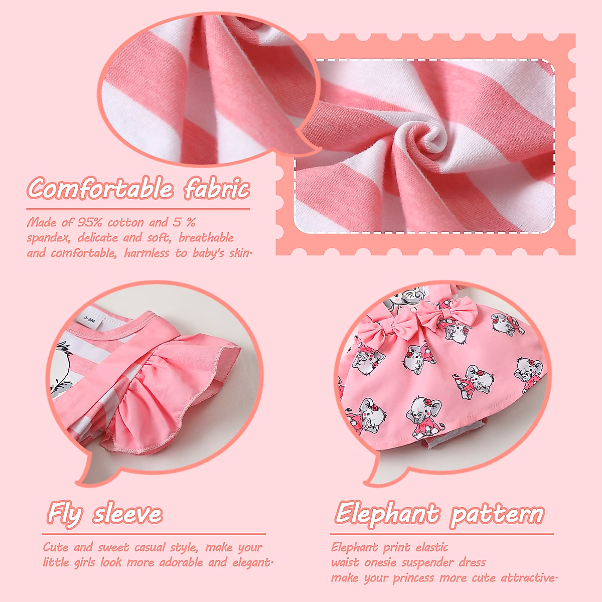 PAKGLEJG Newborn Baby Girl Romper Clothes Elephant Suspender Dress Ruffle Sleeve Onsesie Headband Cute Baby Clothes for Girl (Pink, 3-6 Months)