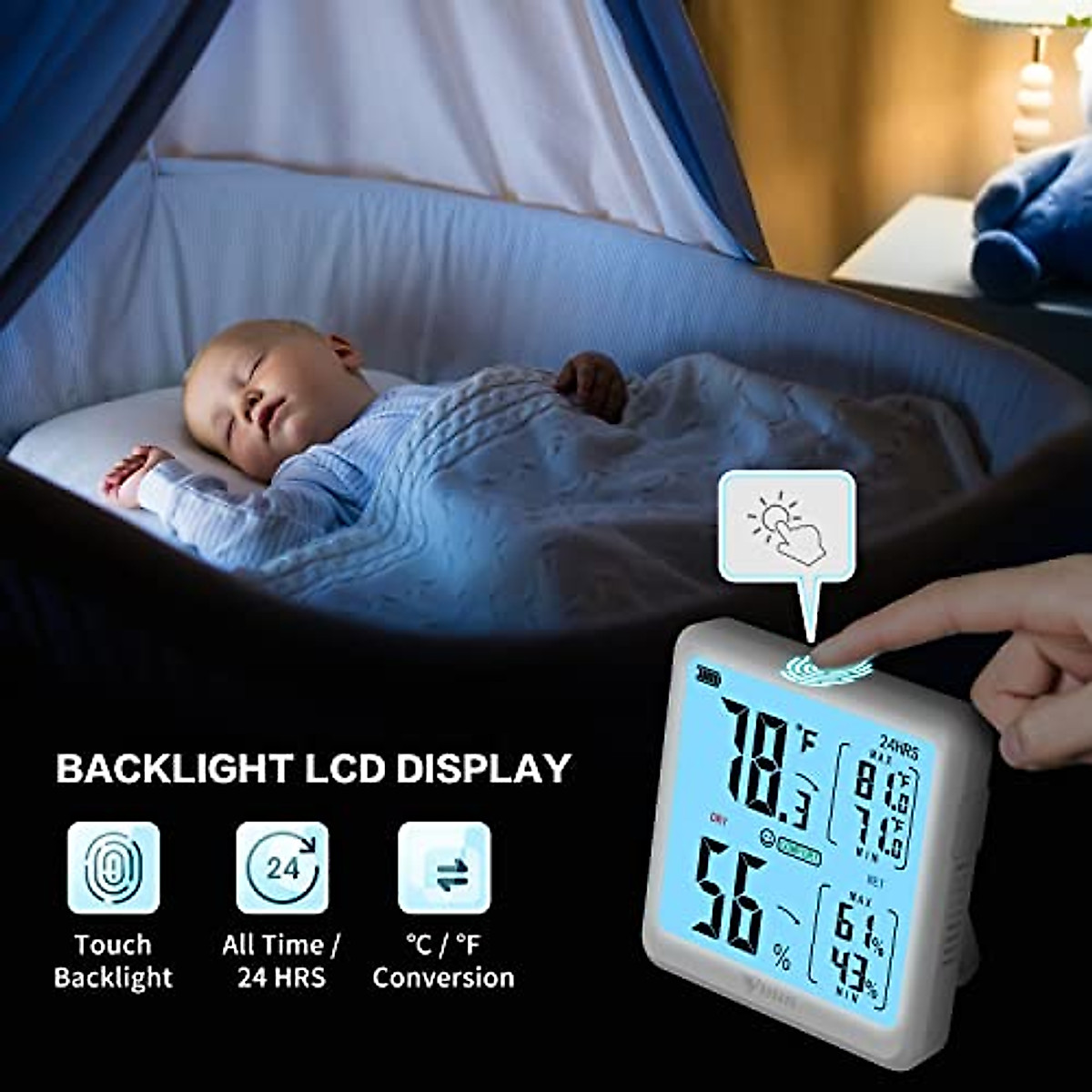 DOQAUS Digital Hygrometer Indoor Thermometer for Home, Room Thermometer with 3s Fast Refresh & Max Min Records, Temperature Humidity Monitor Meter with Touch LCD Backlight, USB Rechargeable