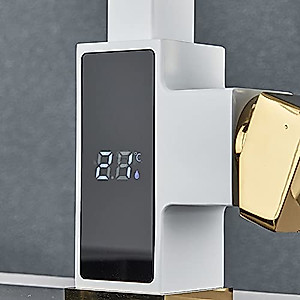 Yalsfowe Kitchen Faucets with Pull Down Sprayer, Temperature Display Kitchen Faucet, Single Handle Kitchen Faucet, Kitchen Mixer Tap, Kitchen Sink Faucet Brass ,White Gold