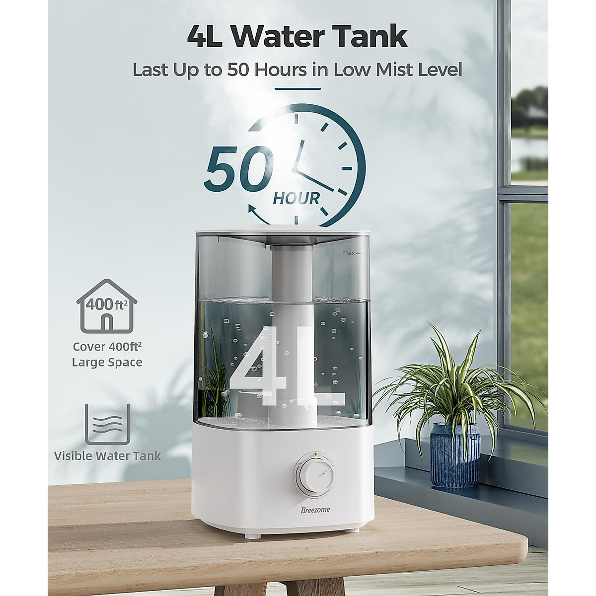 BREEZOME 4L Humidifiers for Bedroom, Essential Oil Diffuser, Top Fill Cool Mist Ultrasonic Humidifiers for Baby, Plants, Nursery, Humidifiers for Large Room Last up to 50 Hours, Quiet Operation