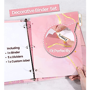 SUNEE 3 Ring Binder 1 Inch, Cute Binder with Clipboard, 2 Pockets, 5 Tab Dividers & Label Stickers, Decorative Pink Marble Heavy Duty Three Ring Binder (Fit 8.5x11 Inches) for Office Binder Supplies