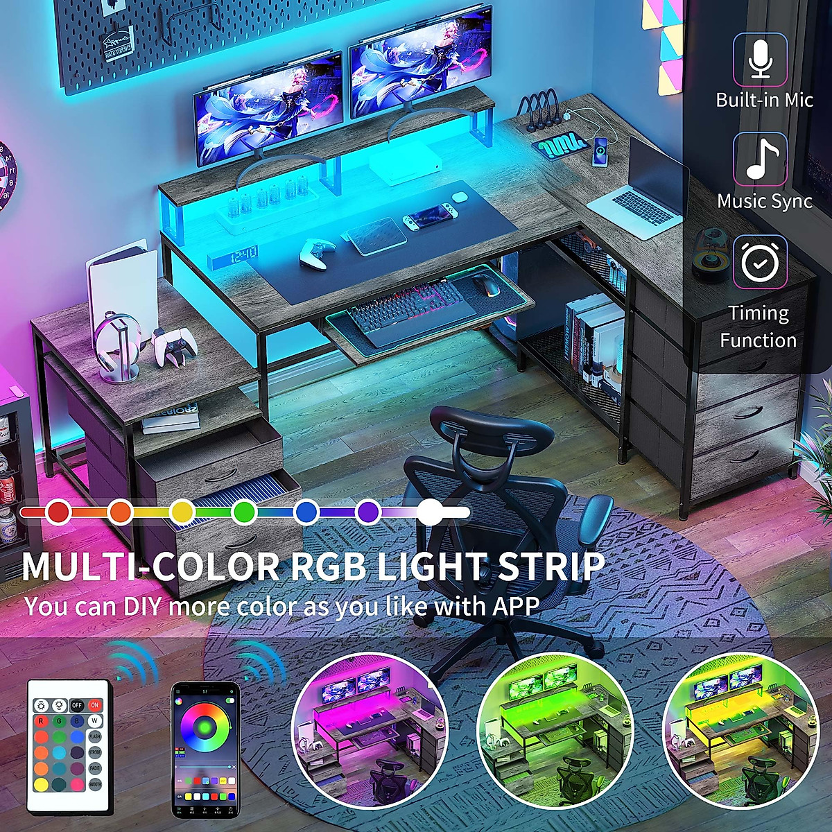 YITAHOME L Shaped Desk with Drawers, 71" L Shaped Computer Desk with Power Outlet & LED Lights, Corner Office Desk with Storage Shelves & Printer Stand, Gaming Desk with Monitor Shelf, Grey