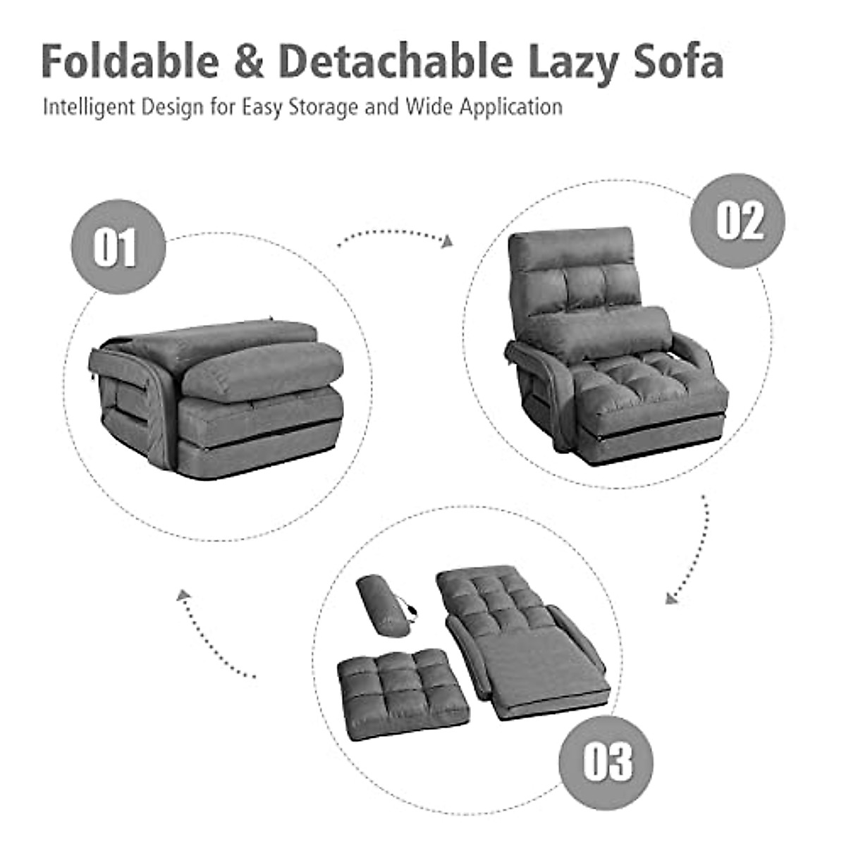 Giantex Folding Lazy Sofa Floor Chair, Indoor Chaise Lounger Bed with 6 Adjustable Position, Pillow Living Room Lounge Couch(Gray)