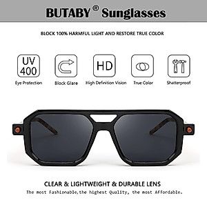 BUTABY Retro Square 70s Flat Aviator Sunglasses Women Men Vintage Trendy Plastic Frame Sun Glasses UV400 Protection Black & Tortoise