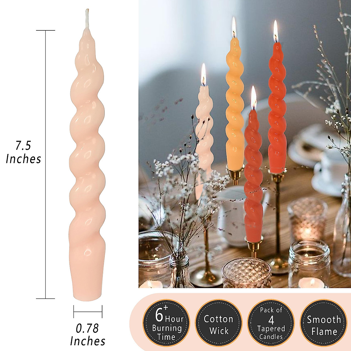 Spiral Taper Candle Twisted Candles Sticks Unscented Candlesticks 4 Pcs Orange Gradient Taper Candles Dinner Candle for Home Décor Weddings Festive Seasons Holiday