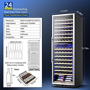 AAOBOSI Wine Cooler Dual Zone 24 Inch, 176 Bottles Wine Refrigerator, Freestanding Wine Fridge with Intelligent Temperature Memory & Humidity Control Compressor Cooling, Quiet Operation