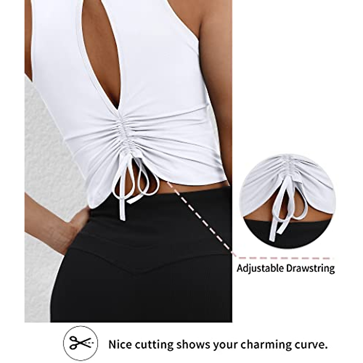 VOOVEEYA Ruched Workout Tops for Women Open Back - Going out Crop Tops Backless Yoga Tops Tie Back（White-L）