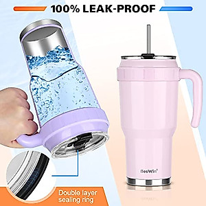 BesWin 40 oz Tumbler with Handle and Straw, Stainless Steel Vacuum Insulated Tumbler with Straw Lid - Travel Coffee Mug Iced Coffee Cup - Keeps Cold for 36 Hours, Leakproof - 40 oz, Pale Pink