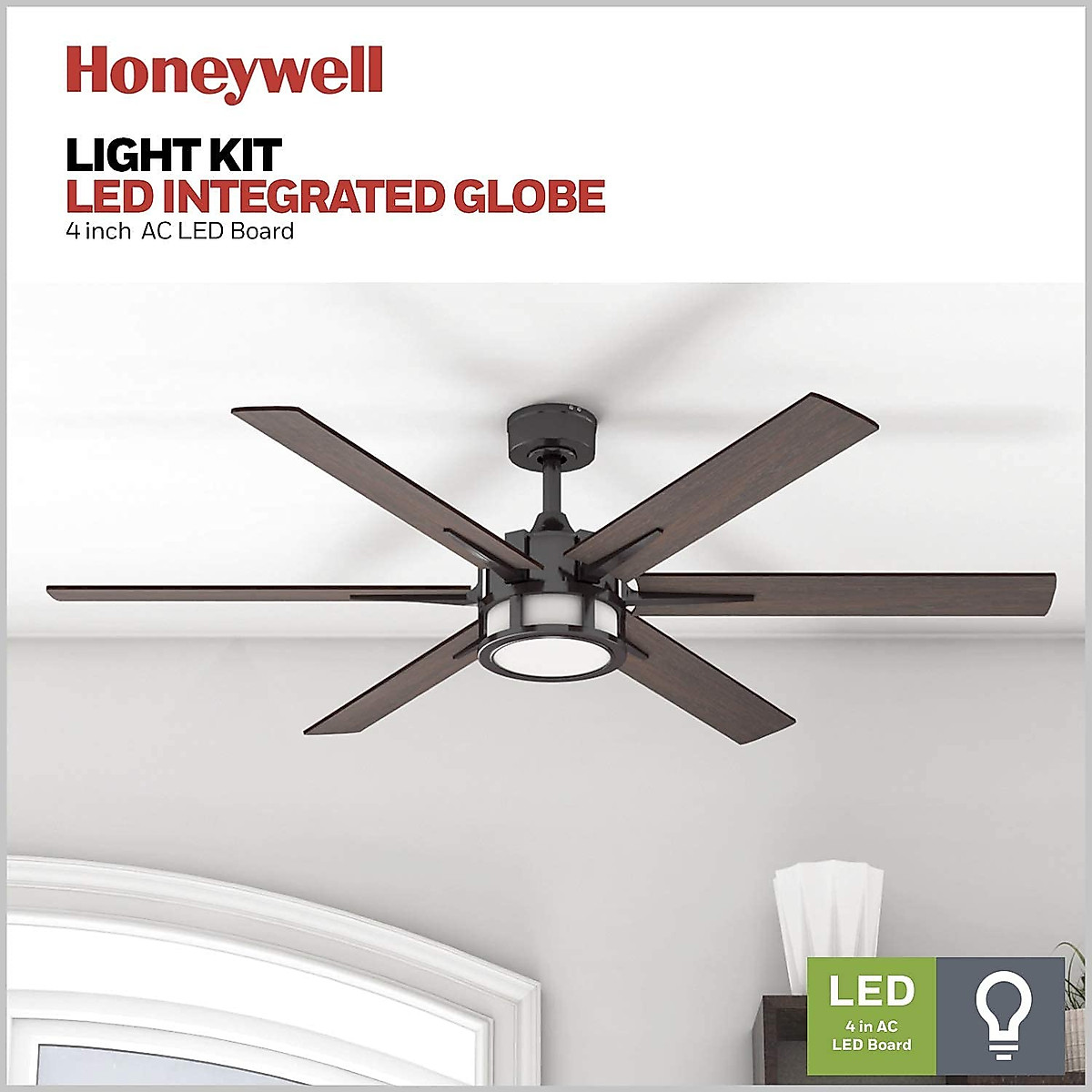 Honeywell Ceiling Fans Kaliza, 56 Inch Indoor Modern LED Ceiling Fan with Light and Remote Control, Dual Mounting Options, 6 Blades with Dual Finish, Reversible Motor - 51036-01 - (Bronze)