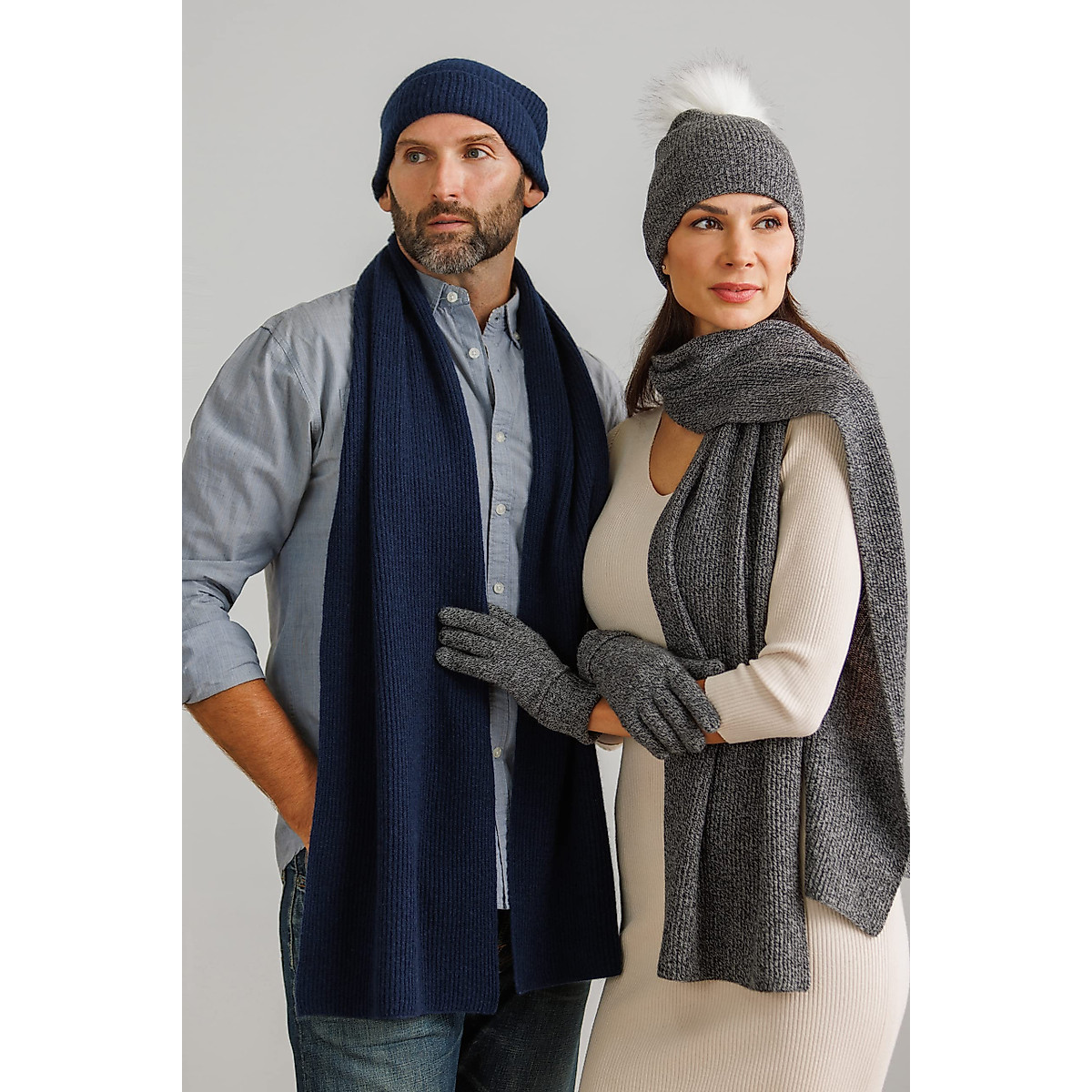Fishers Finery Men's 100% Cashmere Ribbed Knit Hat and Scarf Set; Gift Box (Nvy)