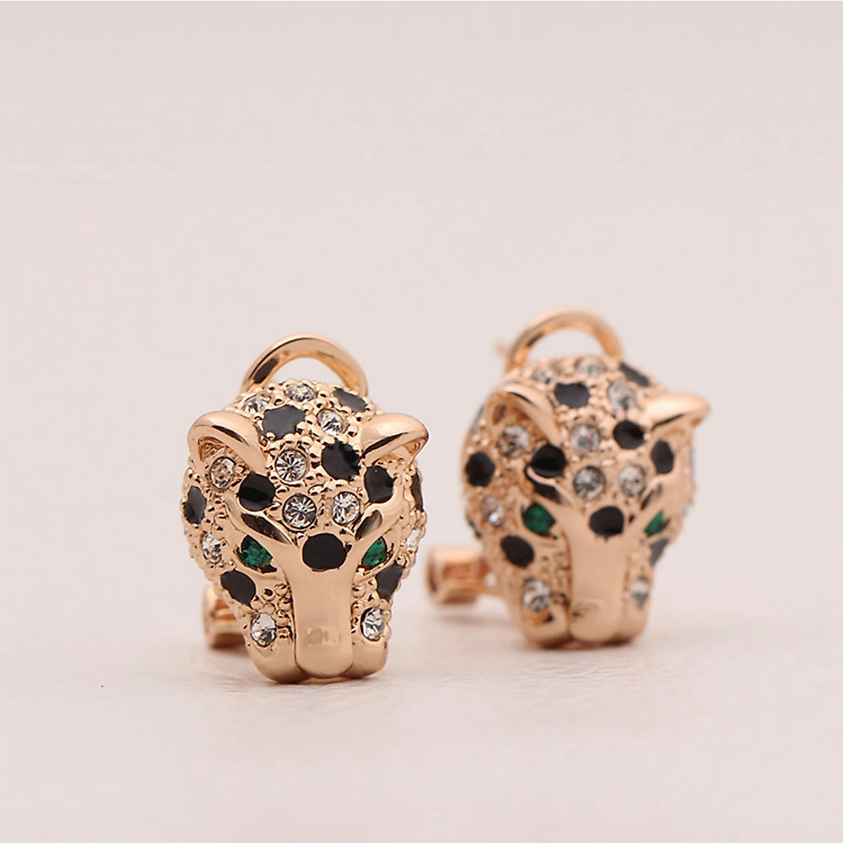 Animal Leopard Panther Jaguar Cheetah Clear and Black Cubic Zirconia Spot Dos Rose Gold Plated Leverback Stud Earrings Fashion Jewelry for Women