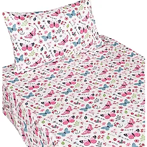 Scientific Sleep Butterfly Pink Flower 100% Cotton Cozy Fun Twin Bed Sheet Set, Flat Sheet & Fitted Sheet & Pillowcase Kids Boys Girls Bedding Set