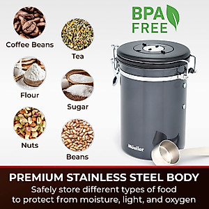 Mueller Coffee Canister Stainless Steel Container for Coffee Beans or Grounds, Tea, Sugar, Rice - Day and Month Tracker, Built-In Calendar Wheel - 21oz Capacity - Stainless Steel Spoon Included