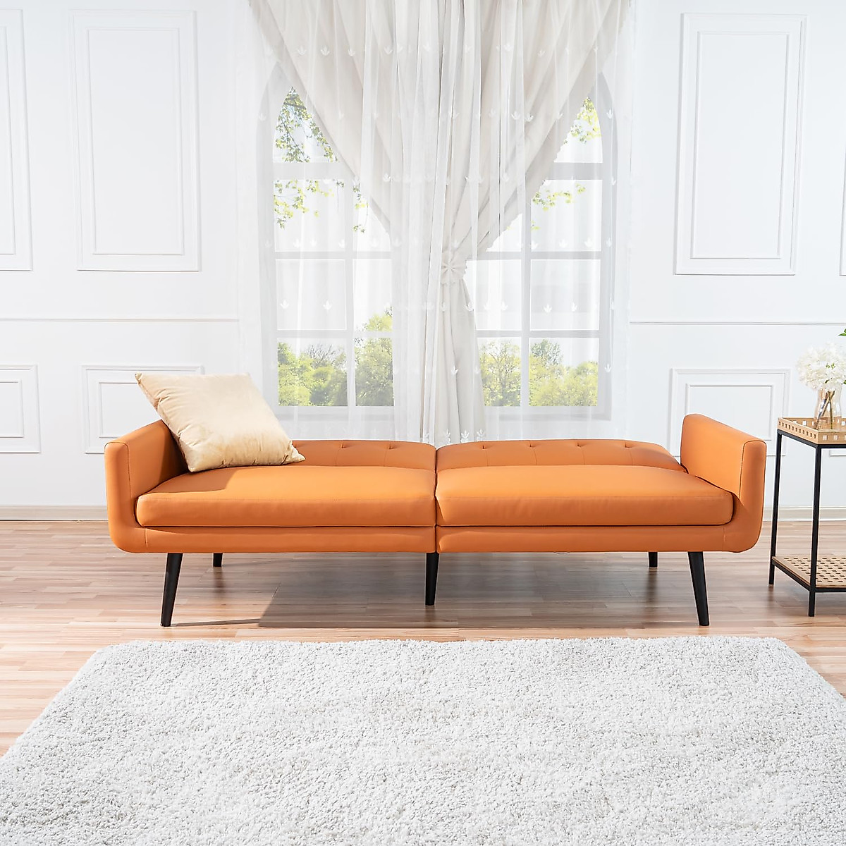 Naomi Home Monica Leather Futon Sofa, Caramel, Mid Century Modern Style, Faux Leather, Split Back, Tapered Legs, Living Room, 78.34x33.85x32.48 inches, 300 pounds Weight Recommendation