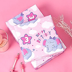 WRAPAHOLIC 3rd Birthday Wrapping Paper - Mini Roll - 17 Inch X 16.5 Feet - Adorable Elephant and Happy Birthday Lettering Design for Birthday, Party, Baby Shower