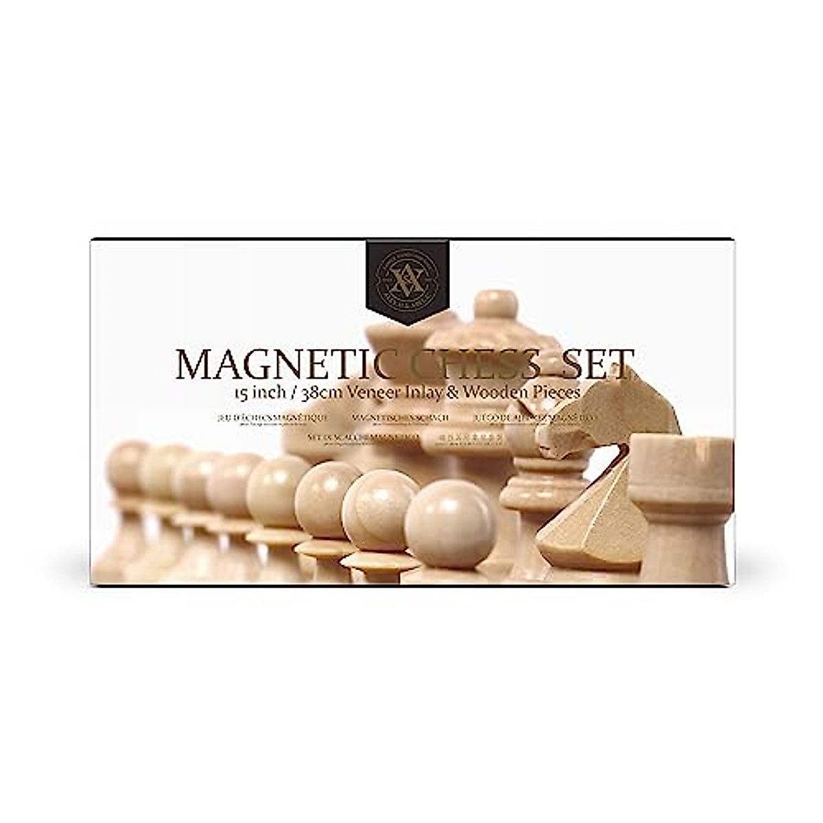A&A 15 inch Foldable Wooden Magnetic Chess Set w/ 3 inch King Height Staunton Chess Pieces - Pine Box w/Mahogany & Maple Inlay