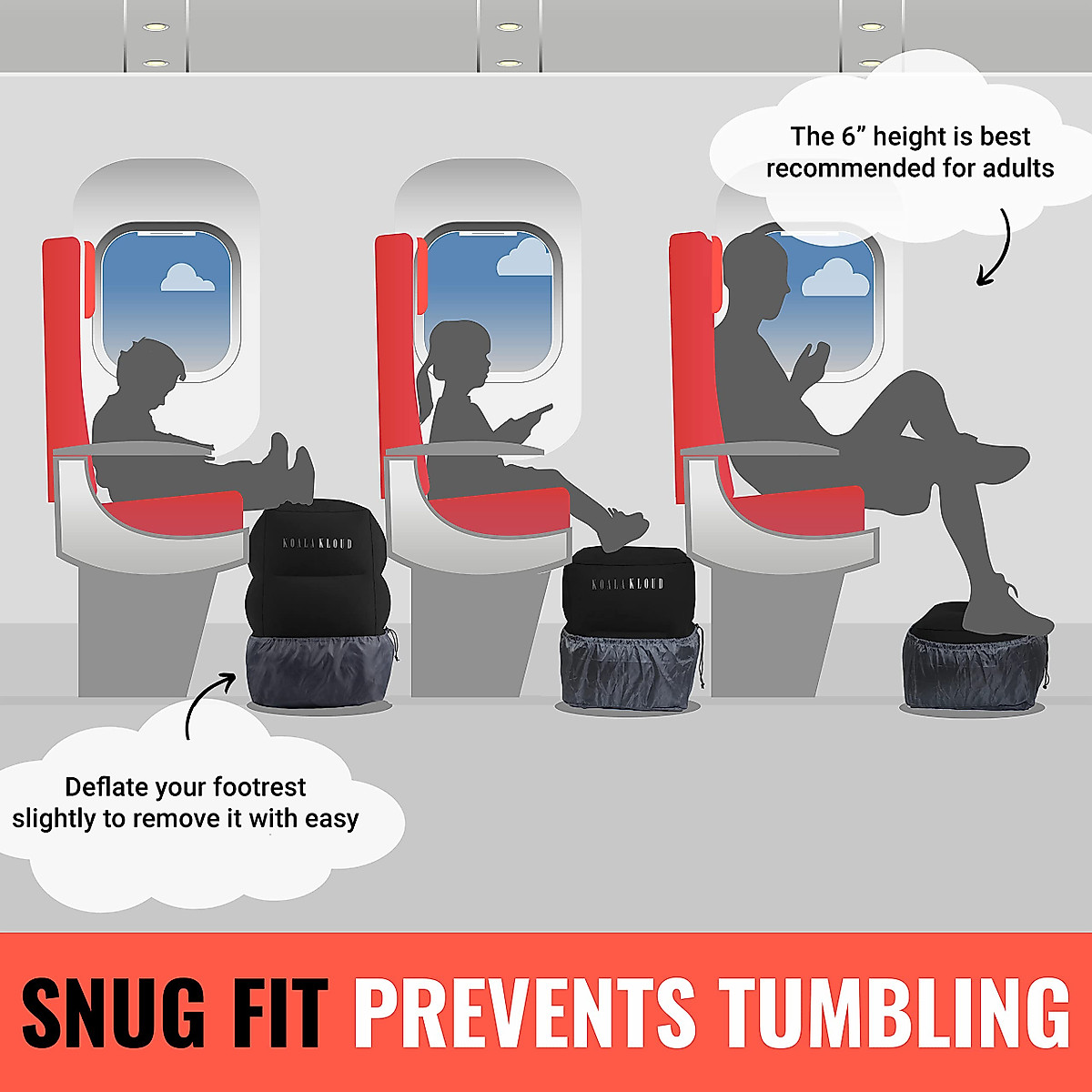 Koala Kloud 3 Height Travel Foot Rest - Gray Inflatable Foot Rest Pillow, Airplane Footrest for Flights, Car Seat, Airplane Bed for Toddler Airplane Travel Essentials Kids Accessories (Black)