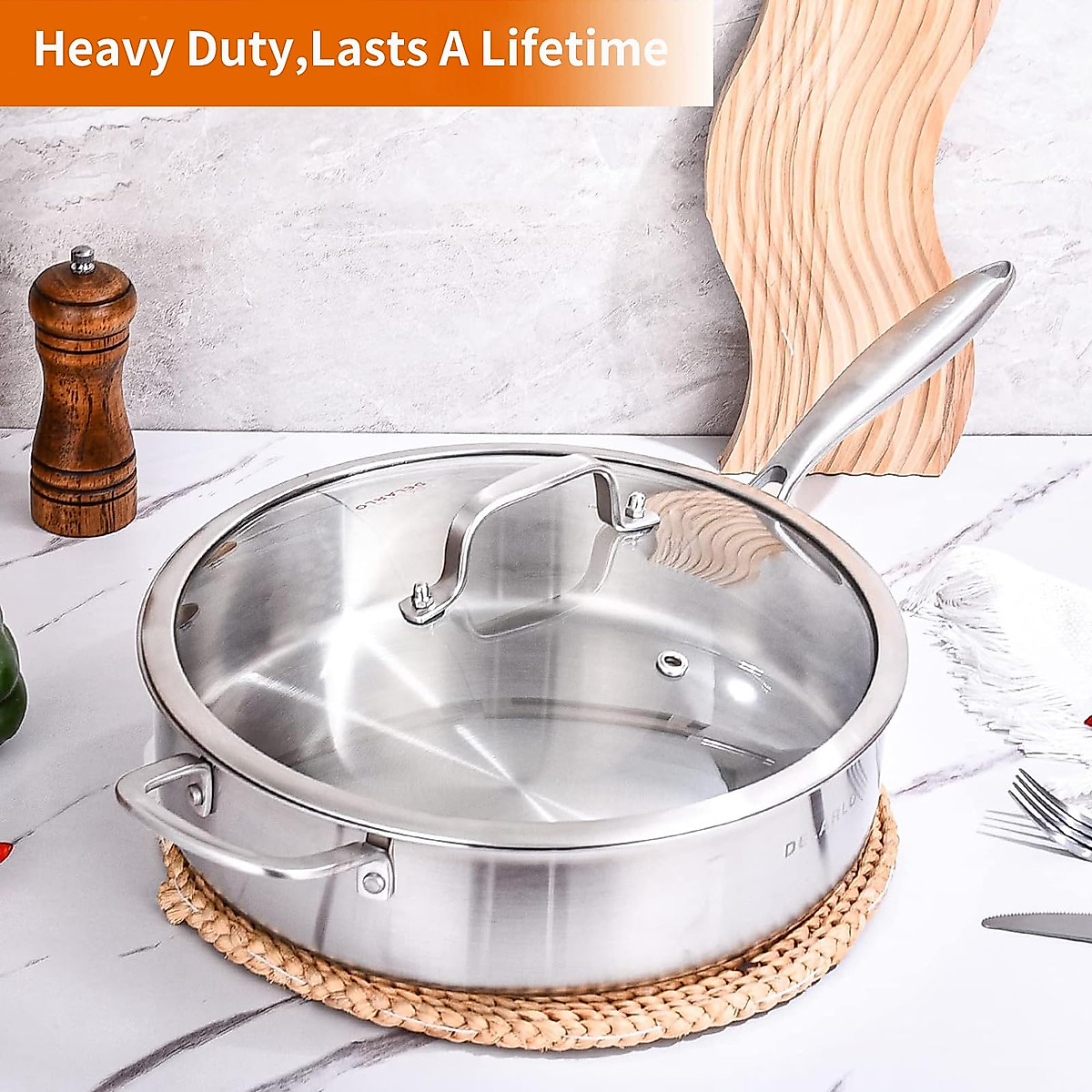 DELARLO Whole Body Tri-Ply Stainless Steel Sauté Pan with lid, 6 Quarts Saute Pan, 12 Inch Deep Frying Pan, Large Skillet Cooking Pan Induction Compatible Chef Pan, Dishwasher & Oven Safe