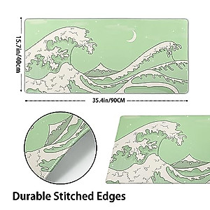 Matcha Green White Japanese Anime Gaming Mouse Pad XXL Cute Kawaii Sage Aesthetic Sea Wave Extended Large Desk Mat Non-Slip Rubber Base Stitched Edge Keyboard Mousepad for PC Laptop,35.4×15.7 in