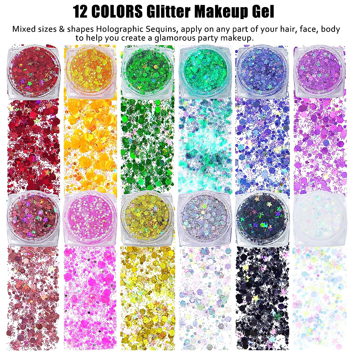 Hair Face Gems Jewels Stick on & Face Body Glitter Gel 12 Colors for Body Hair Face Eyes & Tweezers, Self Adhesive Hair Face Rhinestones & Glitter Gel for Festival Carnival Music Rave Party Makeup