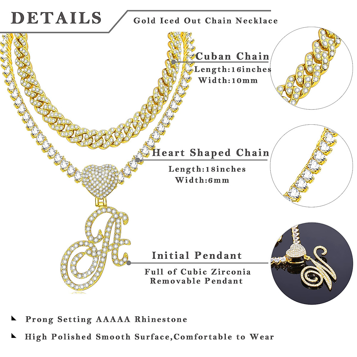 KOHOTA Gold Cuban Link Chain for Women Cursive Initial Pendant Necklace Layered Heart Shaped Zirconia Iced Out Chain Bling Necklace 24K Gold Plated Luxury Hip Hop Jewelry