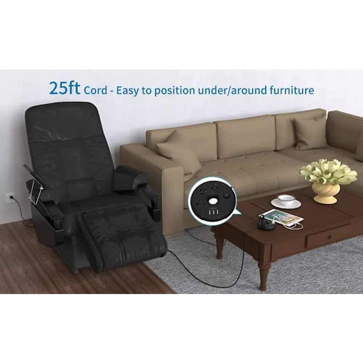 Extra Long Extension Cord Bundle, NTONPOWER Flat Plug Power Strip with USB Ports 3 Outlets, Compact Desktop Charging Station with Switch for Home, Office, TV, Nightstand, Dorm Room Essentials, Black