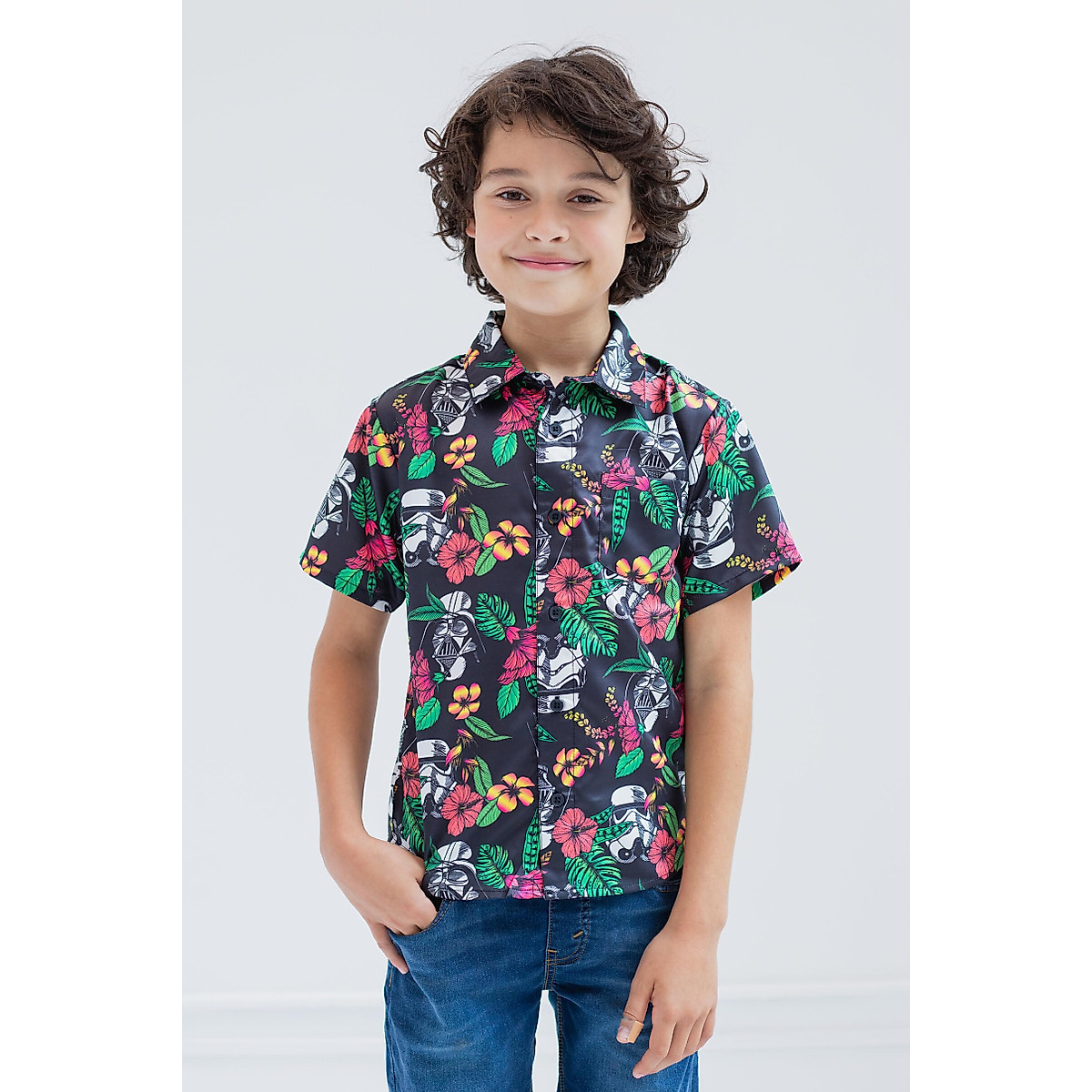 STAR WARS Darth Vader Stormtrooper Big Boys Hawaiian Button Down Shirt Black 14-16