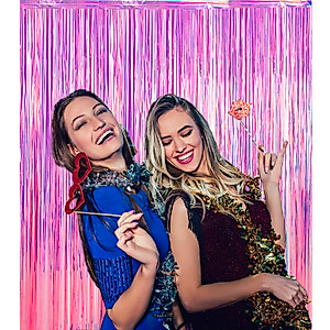 Sharonlily Gorgeous Iridescent Pink Foil Fringe Curtain-2 Pack 3.2x8.2 Feet Premium Neon Metallic Streamers Photo Booth Backdrop for Birthday Bachelorette Graduation Party Decorations (Pink-Orange)