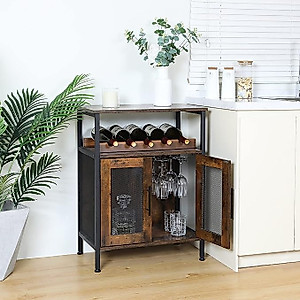 Fancial Wine Bar Rack Cabinet with Detachable Wine Rack, Coffee Bar Cabinet with Glass Holder, Small Sideboard and Buffet Cabinet with Mesh Door, Rustic Brown(Patent Pending)