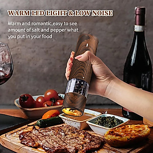 Electric Salt and Pepper Grinder Set - Automatic Pepper and Salt Grinder Refillable with 6 Adjustable Coarseness Adjustable Ceramic Core with LED Light Rechargeable Pepper Grinder-2 Pack Wood Grain