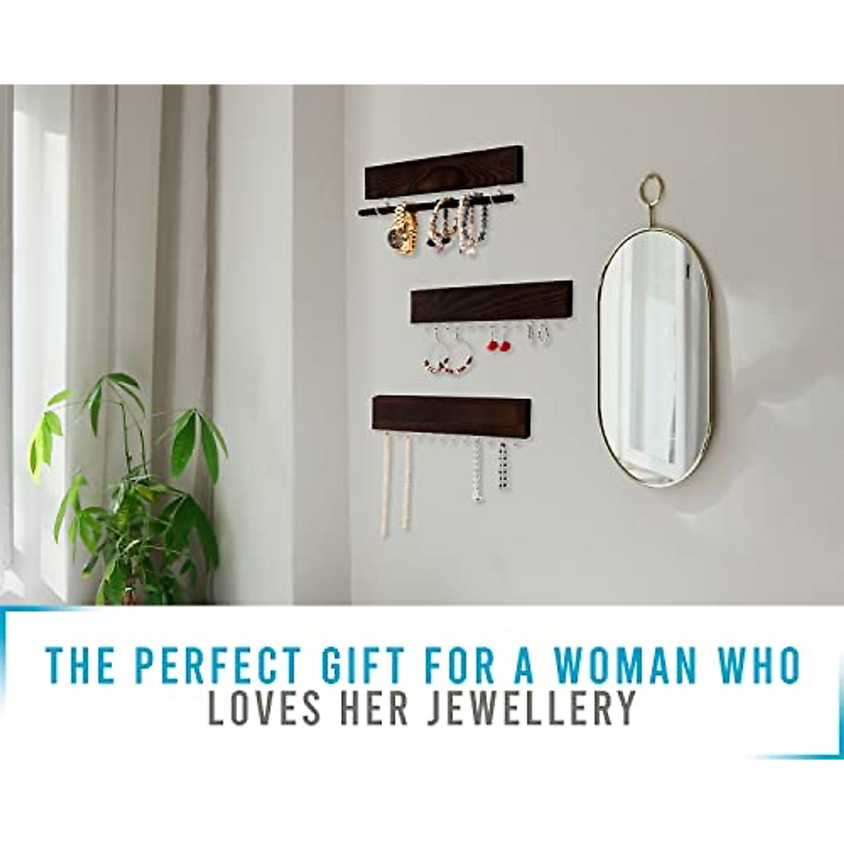 Comfify Rustic Jewelry Display Organizer for Wall – Wall Mounted Jewelry Holder Organizer with Removable Bracelet Rod and 24 Hooks – Perfect Earrings, Necklaces and Bracelets Holder – Dark Brown