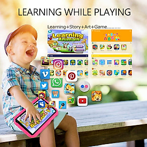 Oangcc Android Kids Tablet 7 inch Toddler Tablets for Children, Quad-Core 2GB RAM 32GB ROM (TF 128G), Parental Control, Drop-proof Case, Kids Edition WiFi 6 Tablet (Pink)