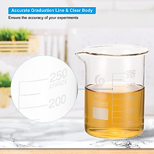 PATIKIL 250ml Low Form Glass Beaker, 2Pcs 3.3 Borosilicate Glass Beakers Graduated Measuring Cup with Stick Labels for Lab Experiment, Cooking, and Baking, Clear