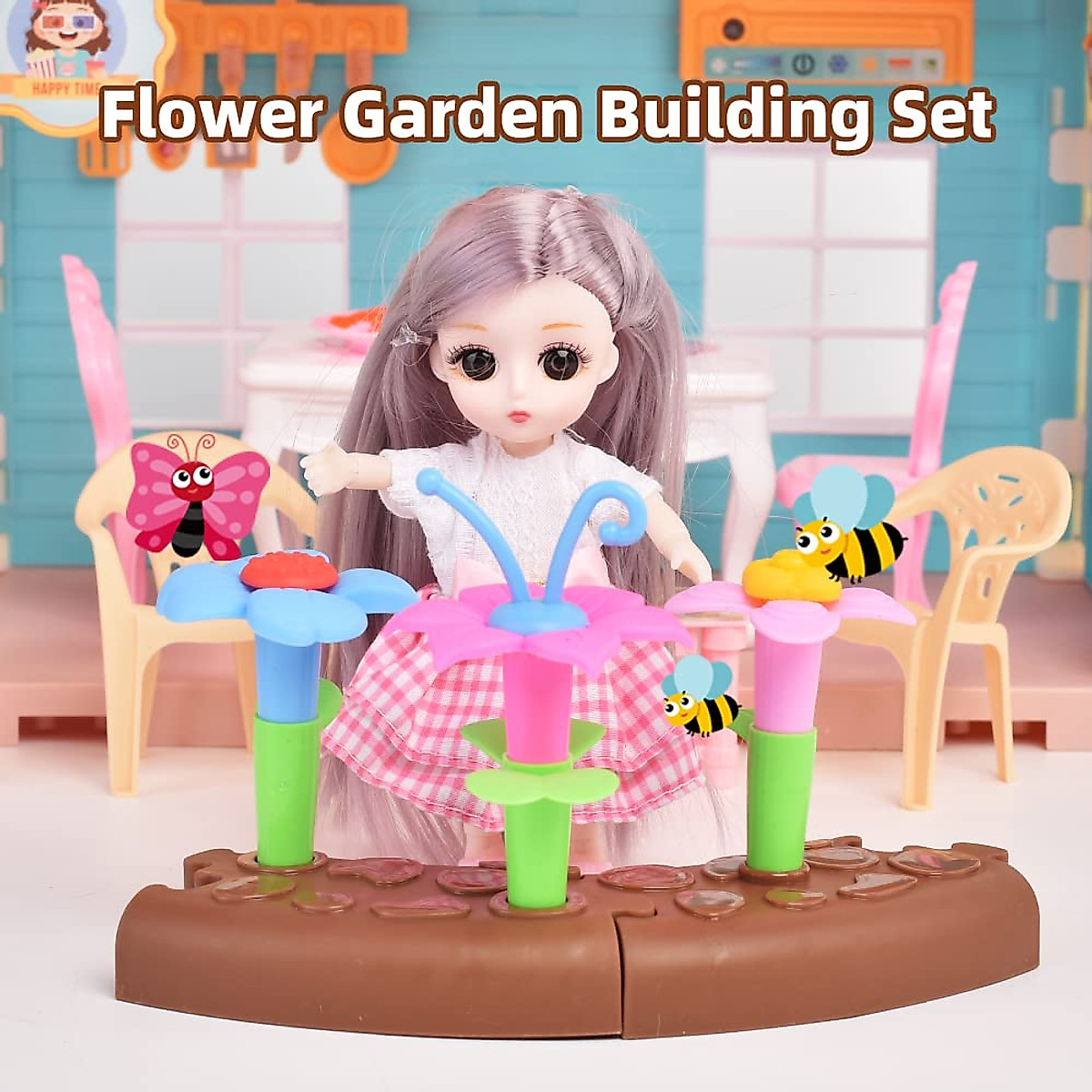 RASSR Doll House Kit 4-5 Year Old with Dollhouse Furniture & Accessories, Toddler Girls Princess Doll House 2-3 Year Old with Lights, Chimney and Garden Building Toys, DIY Pretend Dollhouse Playset