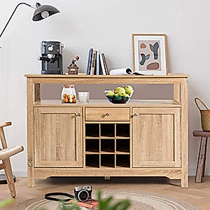 ReunionG Buffet Sideboard, Wine Console Table, Wooden Kitchen Organizer w/2 Cabinets, 1 Drawer and 9 Wine Cabinets, Farmhouse Storage Cupboard, Wine Rack, Server Table, Dining Room Furniture (Natural)