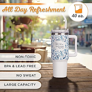 Christian Art Gifts Extra Large Double Wall Stainless Steel Insulated Travel Tumbler for Women: Trust in the Lord Uplifting Scripture, Twist Dial Lid, Reusable Straw & Tip, White & Blue Floral, 40 oz