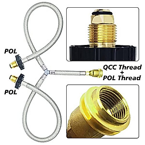 Upgrade Stainless Braided Y-Splitter Dual Propane Tank Converter Adapter Hose Connection Kit Two Way Propane Splitter POL Inlet&POL/QCC1 Regulator Exit Connect 5-100LBS Cylinder Tank for Grill, Heater