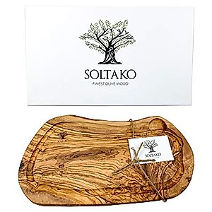 SOLTAKO Olive Wood Cutting Steak Board, Large Cheese Board, Hand Made Serving Platter, Wooden Charcuterie Board, Rustic Chopping Board with Juice Groove