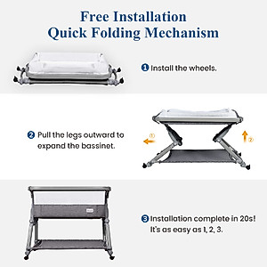 Baby Bassinet Bedside Sleeper for Baby, Li’l Pengyu Foldable Bassinet with Rocking Cradle Mode, Free-Installation & Quick-Folding Bedside Crib, Come with Comfy Mattress and Portable Bag (Mesh)