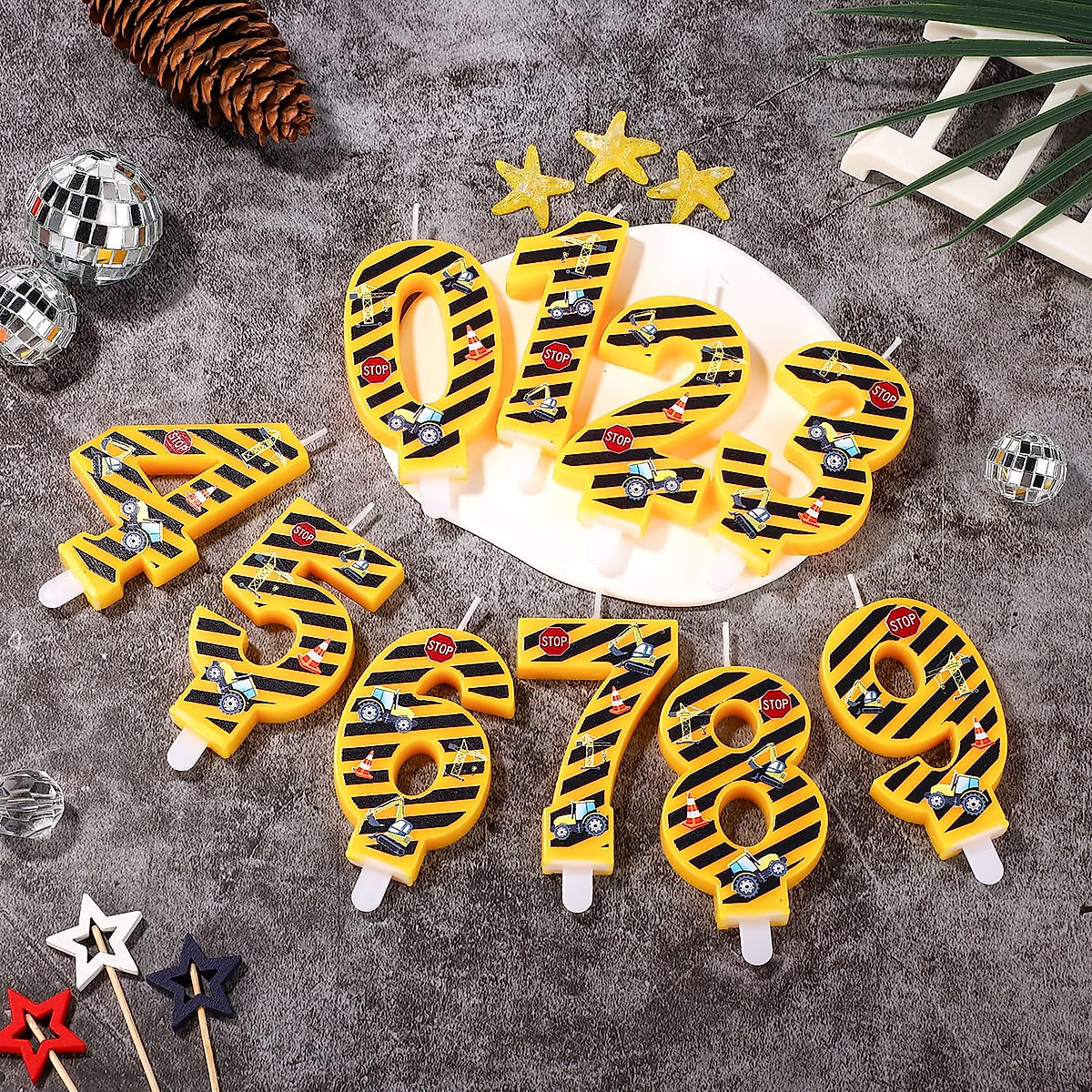 Construction Birthday Candle, Happy Birthday Candles Numbers Construction Cake Topper Yellow and Black Striped Candles for Boys Construction Birthday Party Supplies Decorations (Number 3)