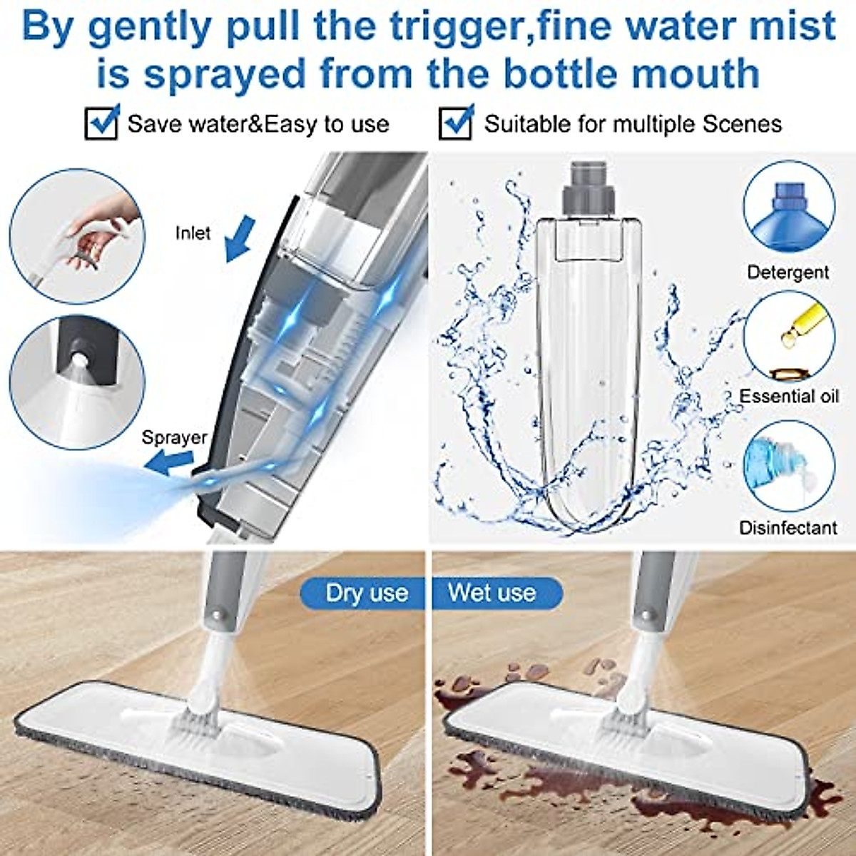 Spray Microfiber Mop for Floor Cleaning - Dust Dry Wet Mop with 4 Reusable Refillable Washable Chenille Mop Head Replacement Pads for Commercial and Home Kitchen Hardwood Laminate Vinyl Tile Floor Mop