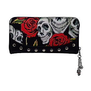 Lost Queen Skulls & Roses Women's Black Wallet Faux Leather Zip Around