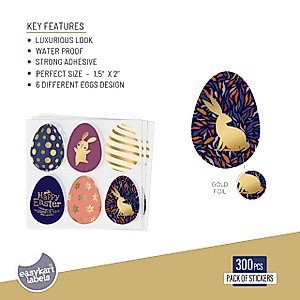 easykart labels 300 Easter Theme Egg Sticker Labels | 6 Different Eggs Design Stickers with Gold Foil | Perfect for Party Decorations and Craft - 1.5"x 2" Size in Sheets