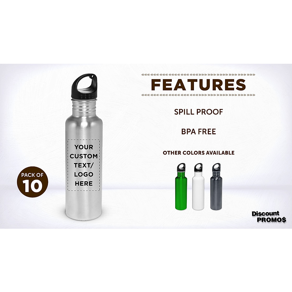 DISCOUNT PROMOS Custom Stainless Steel Water Bottles 26 oz. Set of 10, Personalized Bulk Pack - Reusable, Leak Proof, Perfect for Gym, Hiking, Camping, Outdoor Sports - Silver