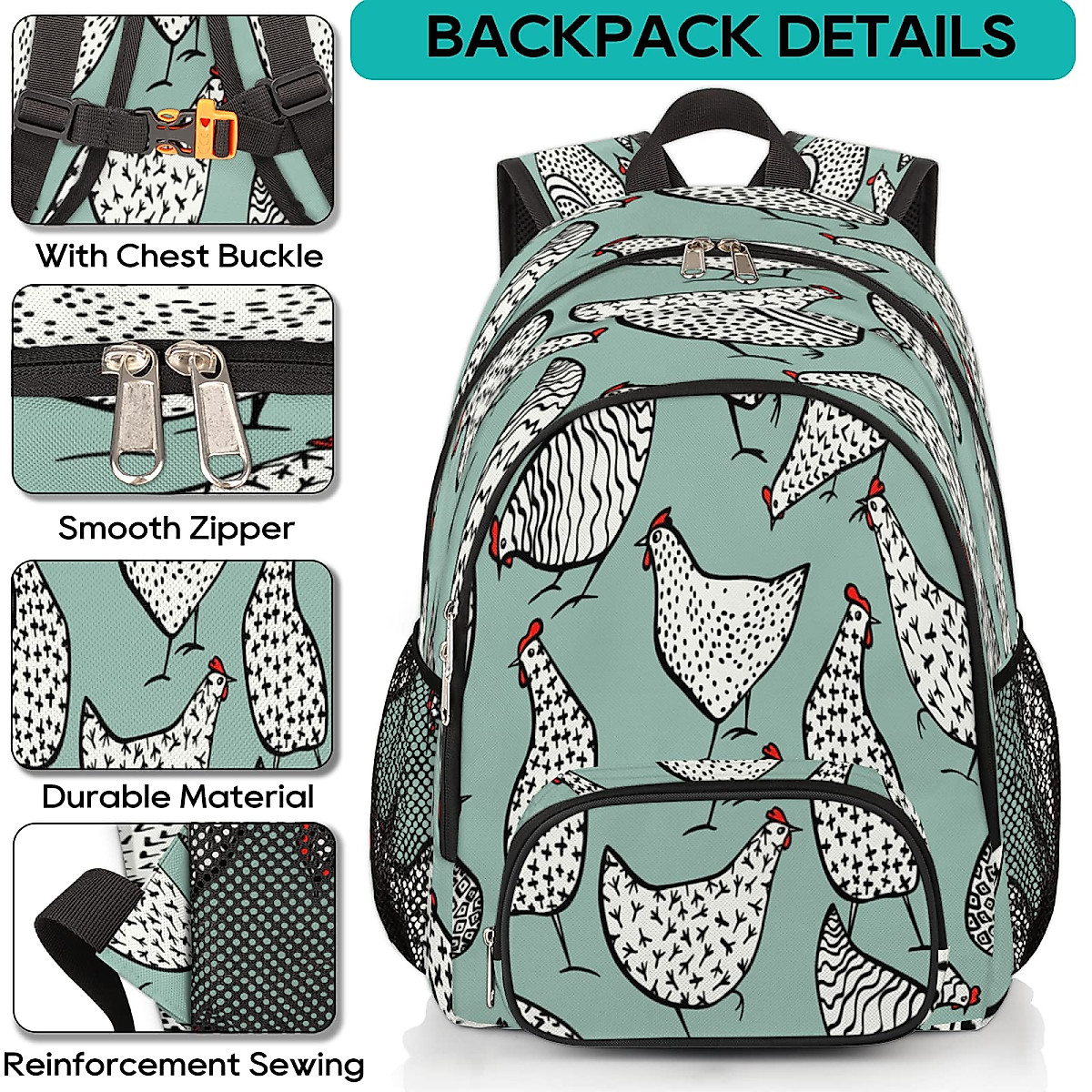 TropicalLife Abstract Chicken School Backpack for Men Women, Laptop Backpack Bookbag for Students College Business Travel with Chest Strap 16.7 Inch