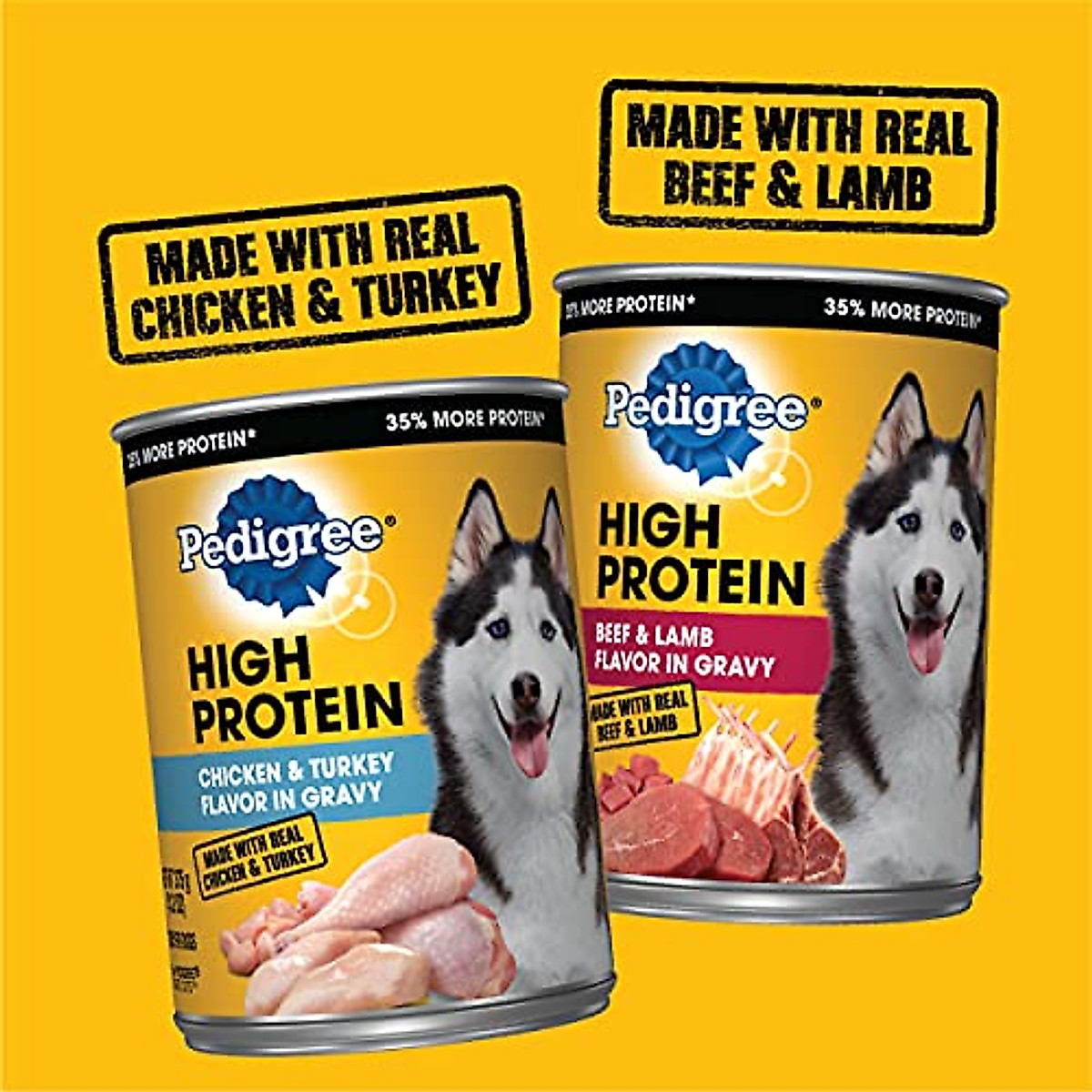 PEDIGREE High Protein Adult Canned Wet Dog Food Variety Pack, Chicken & Turkey Flavor in Gravy and Beef & Lamb Flavor in Gravy, (12) 13.2 oz. Cans