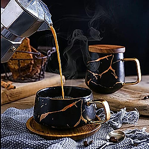 Peohud 2 Pack Ceramic Tea Coffee Cup, 10 OZ Coffee Mug with 304 Stainless Steel Spoon and Bamboo Saucer, Marble Espresso Cups for Latte, Cappuccino, Americano, White and Black