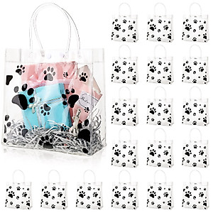 Teling 20 Packs Dog Paw Clear PVC Gift Bags with Handle Reusable Plastic Wrap Tote Bags Transparent Goodie Bags for Puppy Pet Treat Party Favor Birthday Party Wedding, 8 x 8 x 3.15 In(Black)