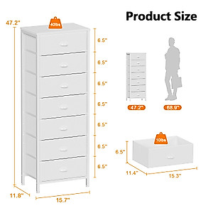 Furnulem White Tall Dresser for Bedroom with 7 Drawers, Vertical Chest of Drawers in Closet, End Table, Nightstand Storage Tower Unit Organizer with Fabric Bins for Dorm,Living Room,Entryway,Hallyway