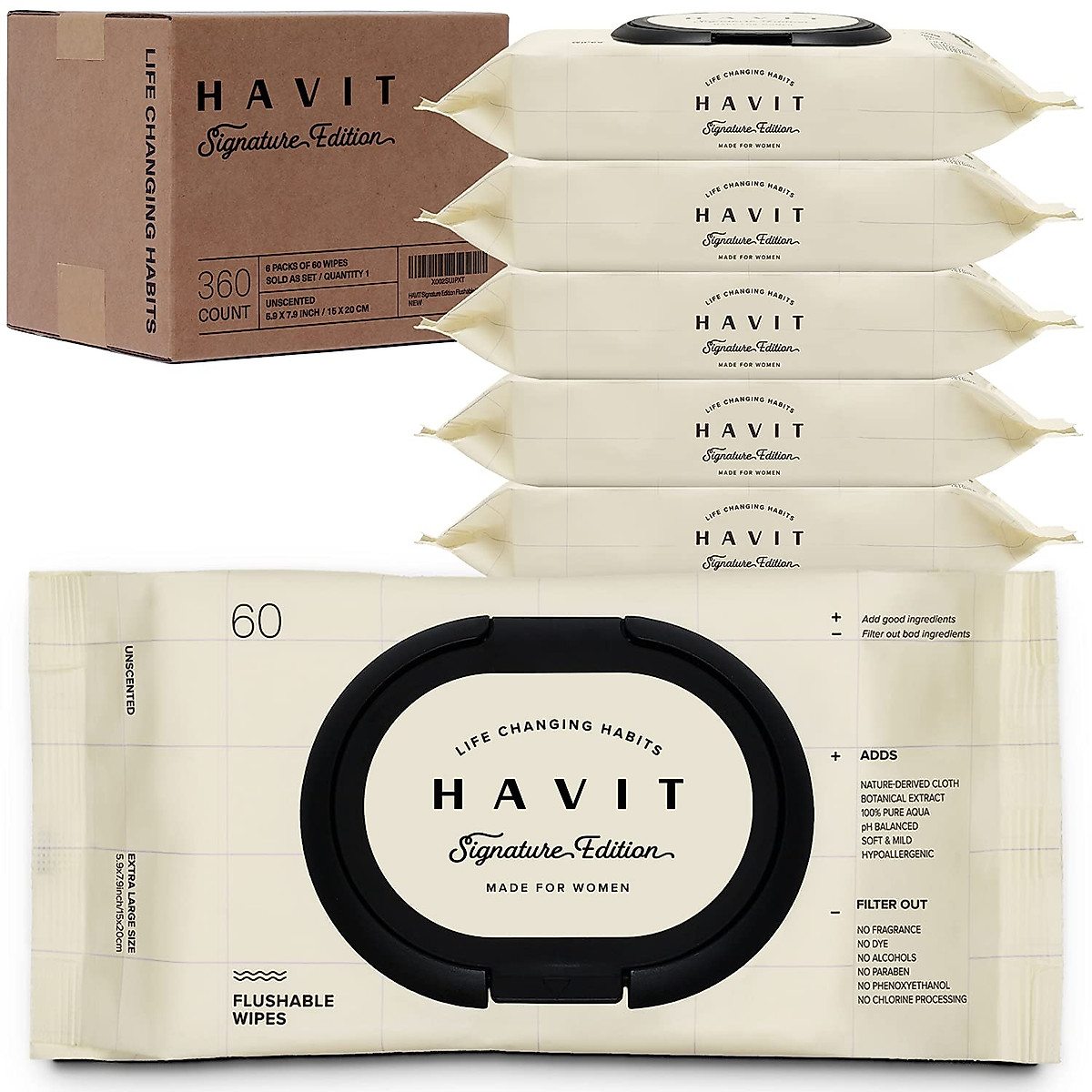 HAVIT Signature Edition Flushable Wipes for Women, Plant-Based Cloth with Natural Pulp, Plantago Asiatica Extracts, 360 Coutns (60 Cloth of 6 Packs)